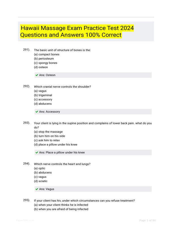 Hawaii Massage Exam Practice Test 2024 Questions And Answers 100% Correct