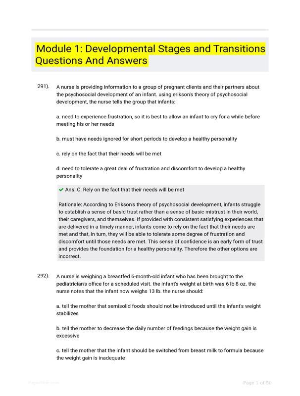 Module 1 Developmental Stages And Transitions Questions And Answers