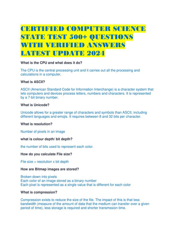 CERTIFIED COMPUTER SCIENCE STATE TEST 500+ QUESTIONS WITH VERIFIED ...