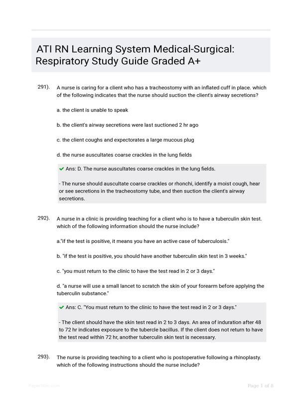 ATI RN Learning System Medical-Surgical: Respiratory Study Guide Graded A+