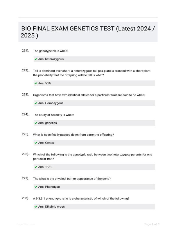 BIO FINAL EXAM GENETICS TEST (Latest 2024 / 2025 )