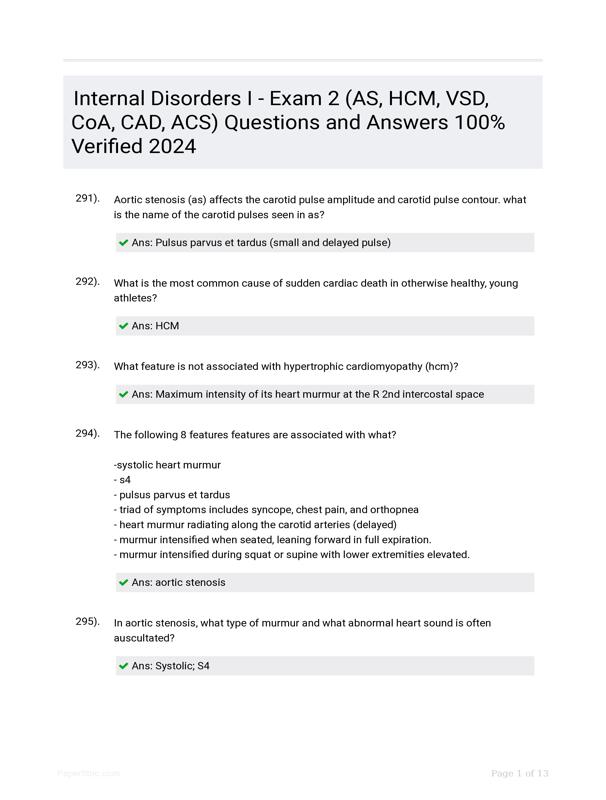 Internal Disorders I - Exam 2 (AS, HCM, VSD, CoA, CAD, ACS) Questions ...