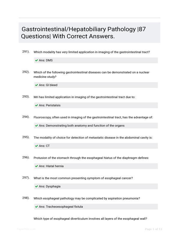 Gastrointestinal/Hepatobiliary Pathology |87 Questions| With Correct ...