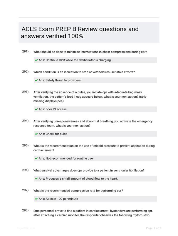ACLS Exam PREP B Review Questions And Answers Verified 100%