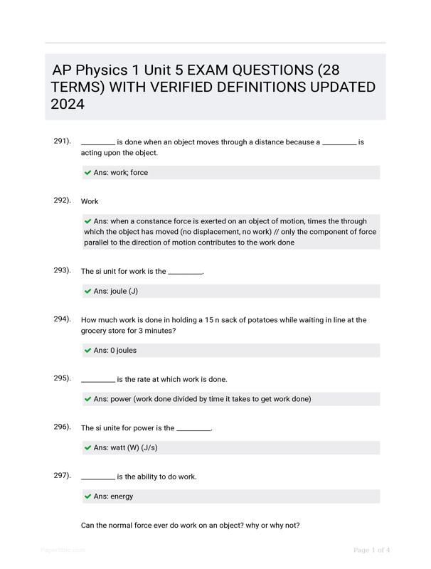 AP Physics 1 Unit 5 EXAM QUESTIONS (28 TERMS) WITH VERIFIED DEFINITIONS ...