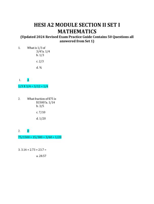 HESI A2 MODULE SECTION II SET I MATHEMATICS (Updated 2024 Revised Exam ...