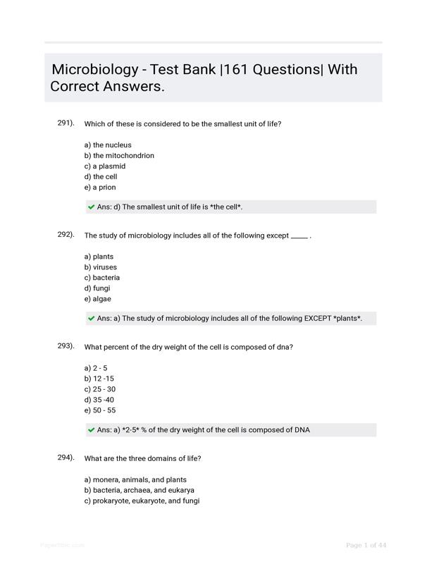 Microbiology - Test Bank |161 Questions| With Correct Answers.