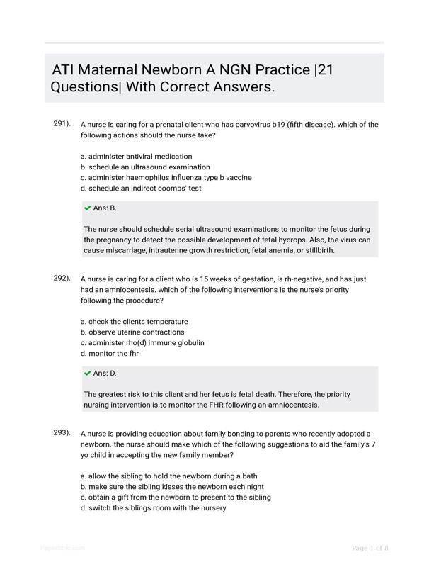 ATI Maternal Newborn A NGN Practice |21 Questions| With Correct Answers.