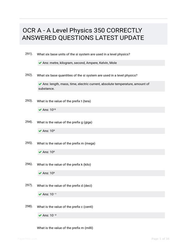 OCR A - A Level Physics 350 CORRECTLY ANSWERED QUESTIONS LATEST UPDATE