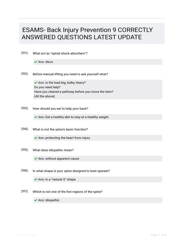 ESAMS- Back Injury Prevention 9 CORRECTLY ANSWERED QUESTIONS LATEST UPDATE