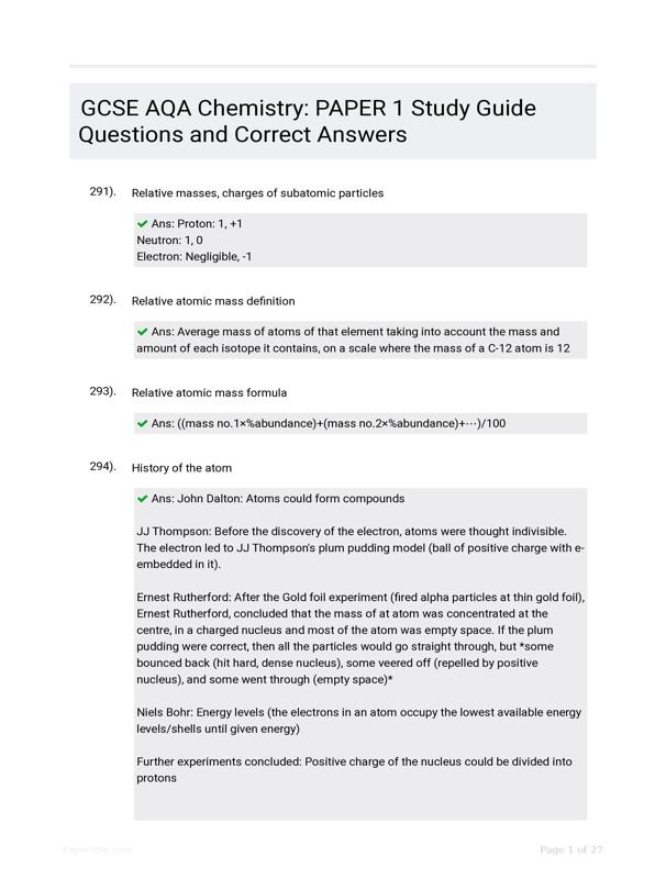 GCSE AQA Chemistry: PAPER 1 Study Guide Questions And Correct Answers