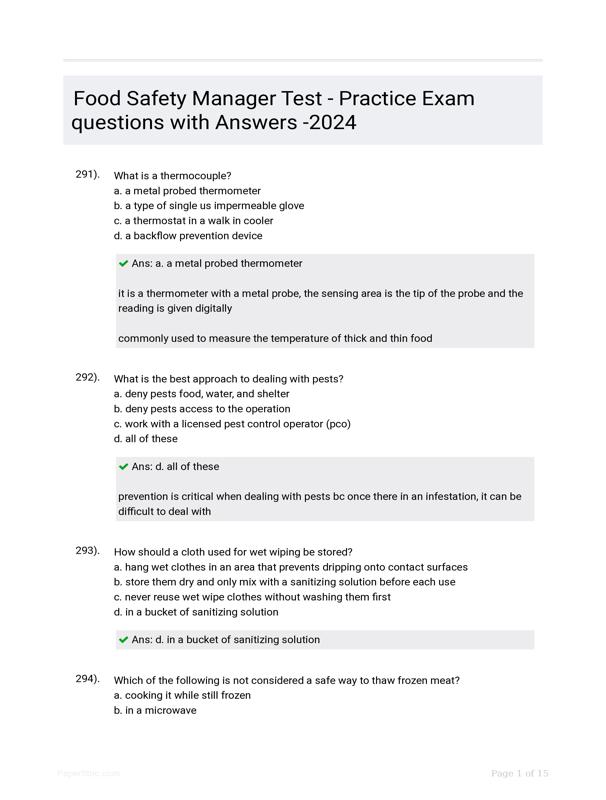 Food Safety Manager Test - Practice Exam Questions With Answers -2024