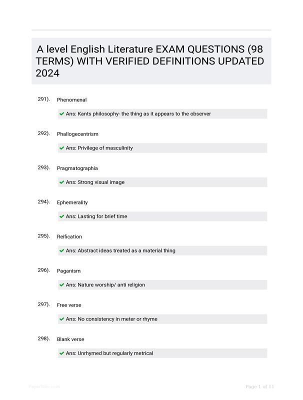 A Level English Literature EXAM QUESTIONS (98 TERMS) WITH VERIFIED ...