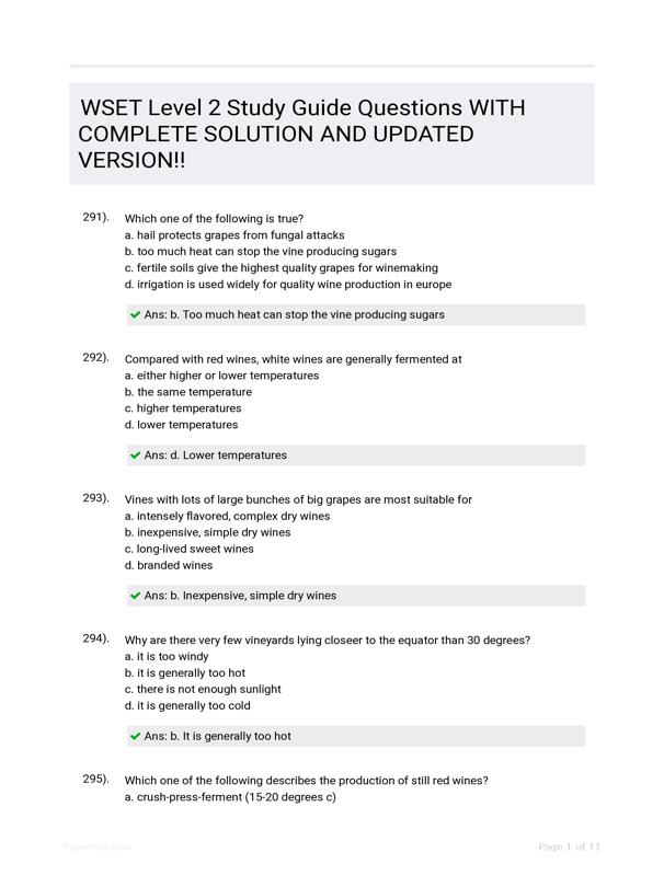 WSET Level 2 Study Guide Questions WITH COMPLETE SOLUTION AND UPDATED VERSION!!