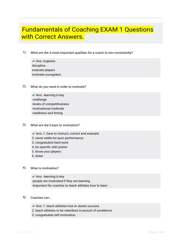 Fundamentals Of Coaching EXAM 1 Questions With Correct Answers.