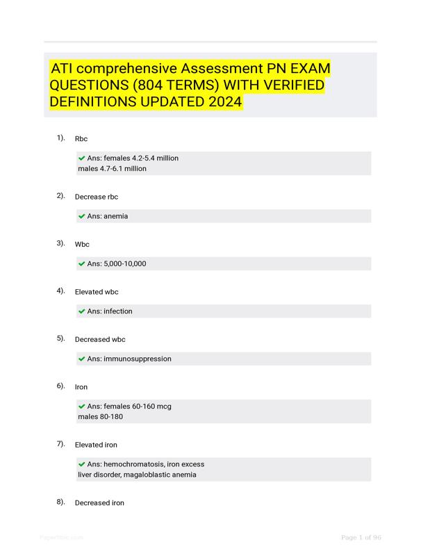 ATI Comprehensive Assessment PN EXAM QUESTIONS (804 TERMS) WITH ...