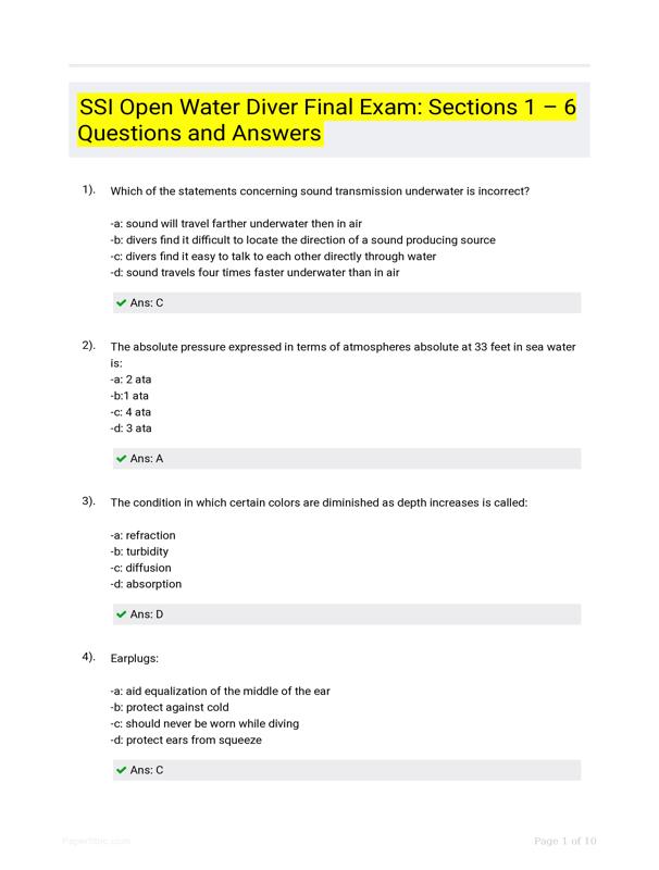 SSI Open Water Diver Final Exam: Sections 1 6 Questions And Answers