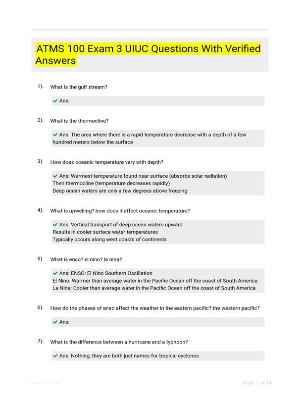 ATMS 100 Exam 3 UIUC Questions With Verified Answers