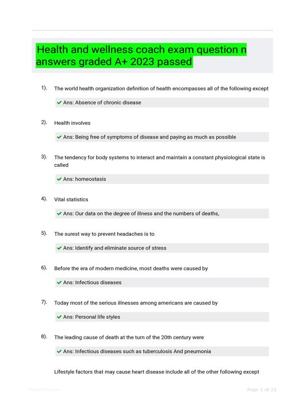 Health And Wellness Coach Exam Question N Answers Graded A+ 2023 Passed