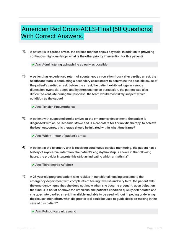 American Red Cross-ACLS-Final |50 Questions| With Correct Answers.