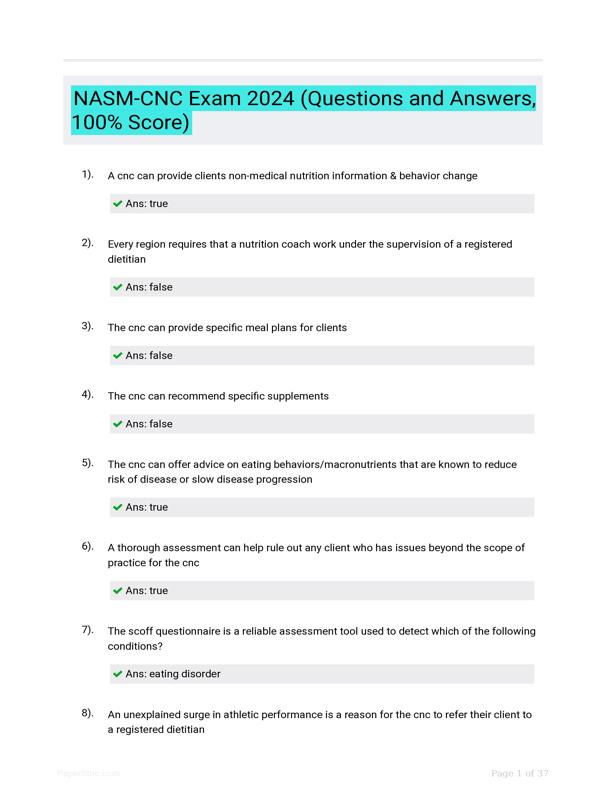 NASM-CNC Exam 2024 (Questions And Answers, 100% Score)
