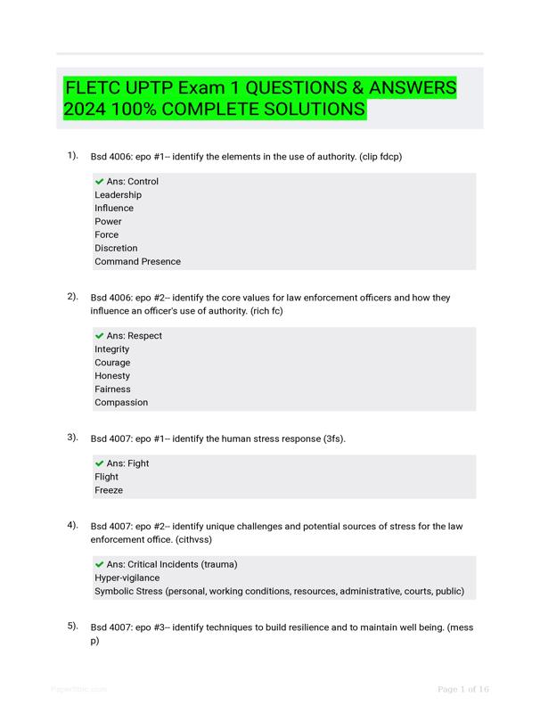 Fletc Uptp Exam 1 Questions And Answers 2024 100 Complete Solutions