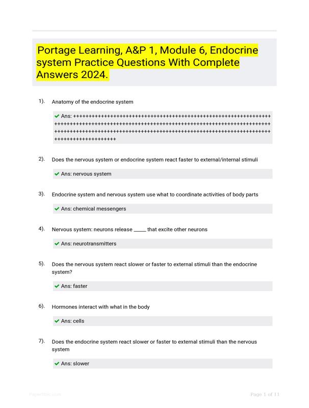 Portage Learning, A&P 1, Module 6, Endocrine System Practice Questions ...