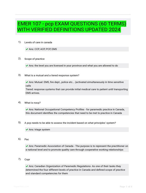 EMER 107 - Pcp EXAM QUESTIONS (60 TERMS) WITH VERIFIED DEFINITIONS ...