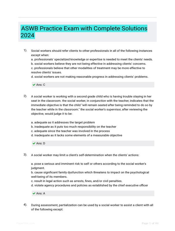 ASWB Practice Exam With Complete Solutions 2024