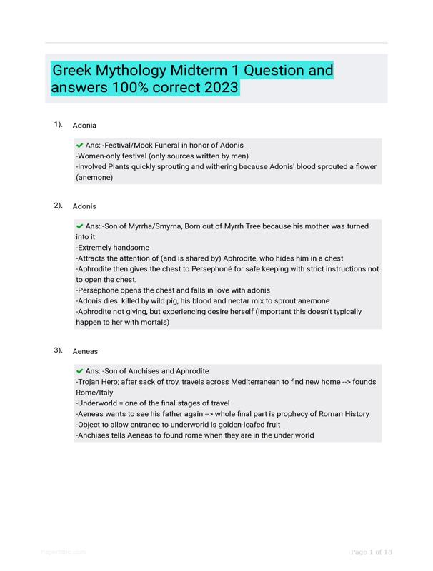 Greek Mythology Midterm 1 Question And Answers 100% Correct 2023