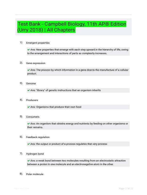 Test Bank - Campbell Biology, 11th APÂ® Edition (Urry 2018) | All Chapters