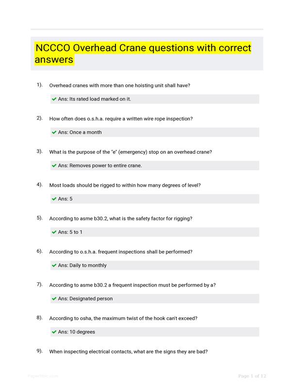 NCCCO Overhead Crane Questions With Correct Answers