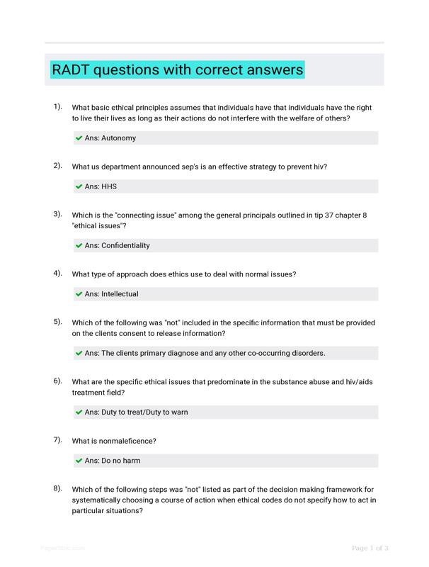 RADT Questions With Correct Answers