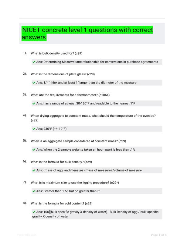 NICET Concrete Level 1 Questions With Correct Answers