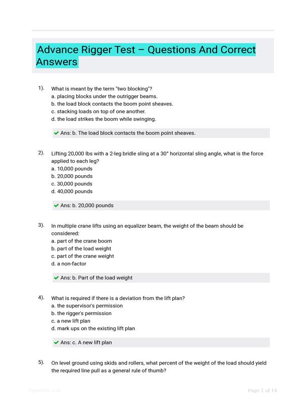 Advance Rigger Test â Questions And Correct Answers