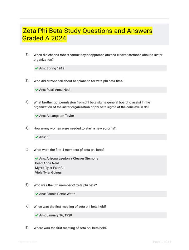 Zeta Phi Beta Study Questions And Answers Graded A 2024