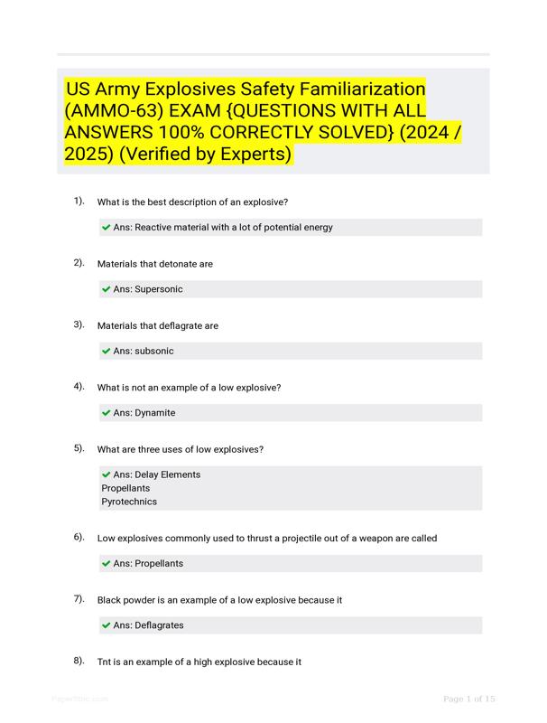 US Army Explosives Safety Familiarization (AMMO-63) EXAM {QUESTIONS ...