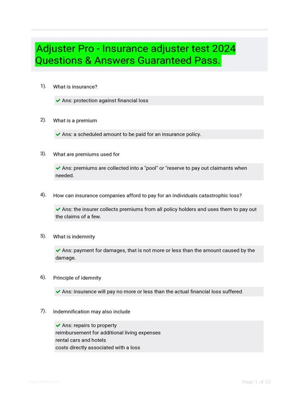 Adjuster Pro - Insurance Adjuster Test 2024 Questions & Answers ...