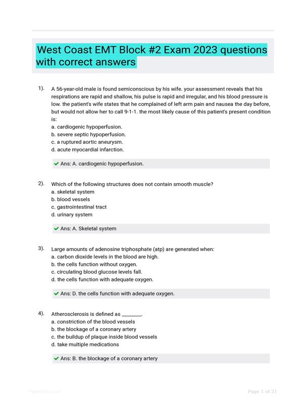 West Coast EMT Block #2 Exam 2023 Questions With Correct Answers