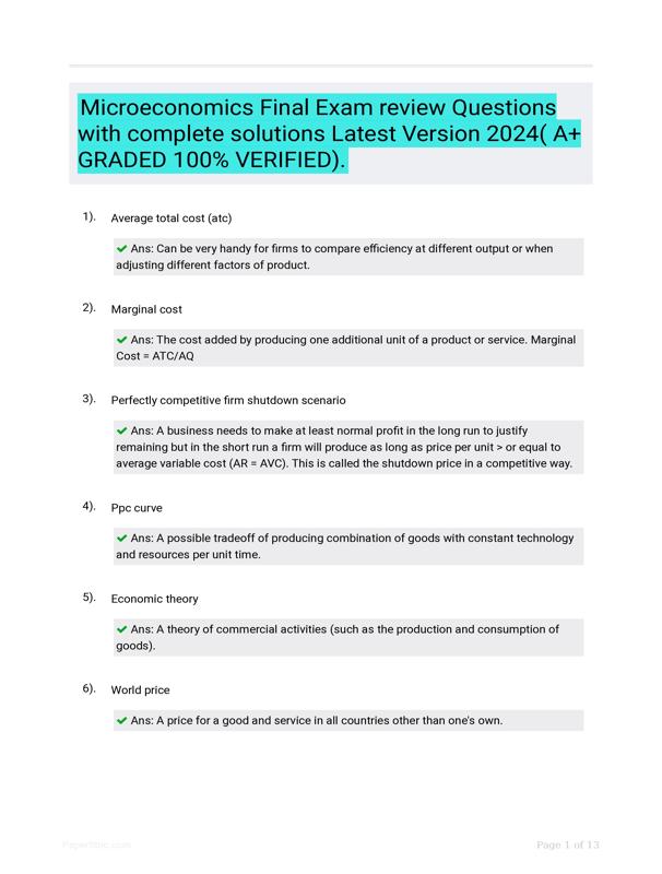 Microeconomics Final Exam Review Questions With Complete Solutions ...