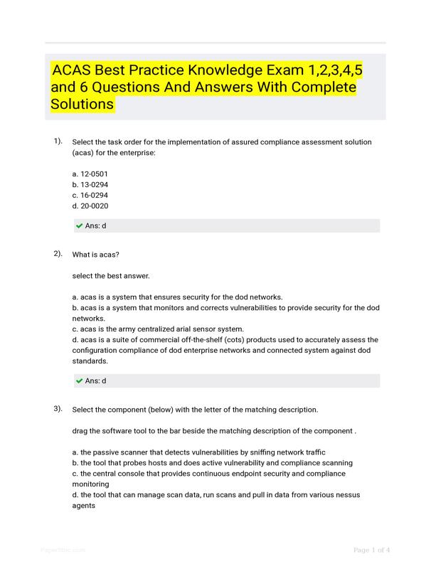 ACAS Best Practice Knowledge Exam 1,2,3,4,5 And 6 Questions And Answers ...