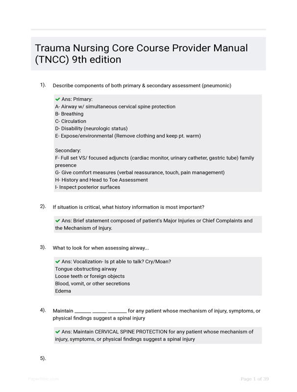 Trauma Nursing Core Course Provider Manual (TNCC) 9th Edition