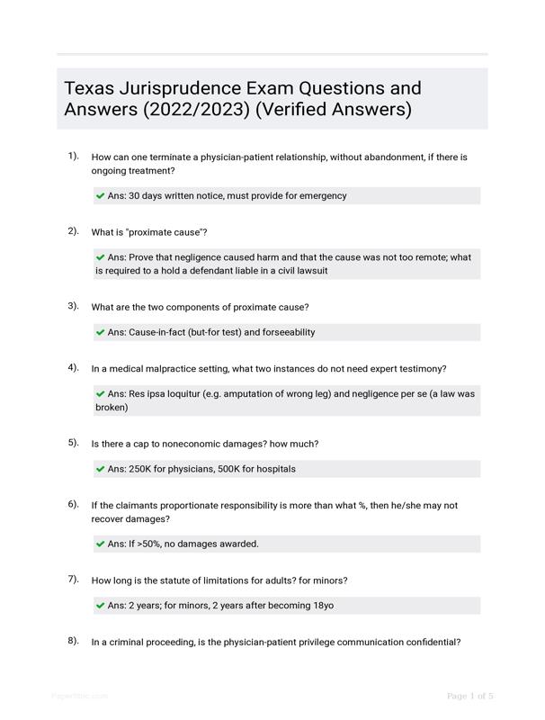 Texas Jurisprudence Exam Questions And Answers (2022/2023) (Verified ...