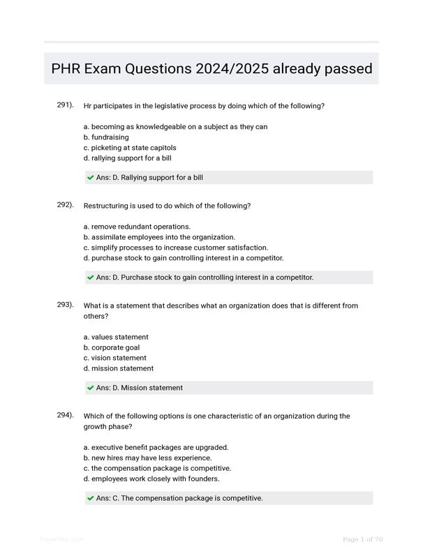 PHR Exam Questions 2024/2025 Already Passed