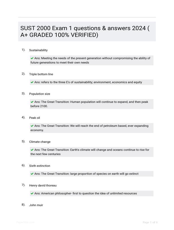 SUST 2000 Exam 1 Questions & Answers 2024 ( A+ GRADED 100% VERIFIED)