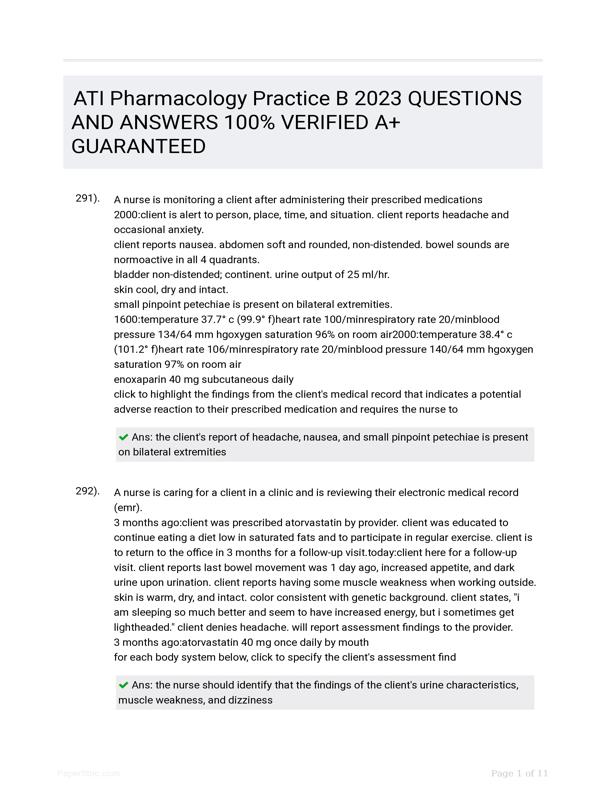 ATI Pharmacology Practice B 2023 QUESTIONS AND ANSWERS 100% VERIFIED A+ ...