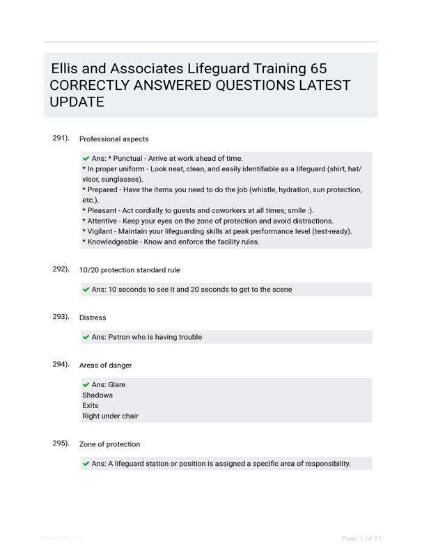 Ellis And Associates Lifeguard Training 65 CORRECTLY ANSWERED QUESTIONS ...
