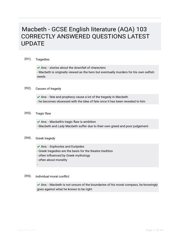 Macbeth - GCSE English Literature (AQA) 103 CORRECTLY ANSWERED ...