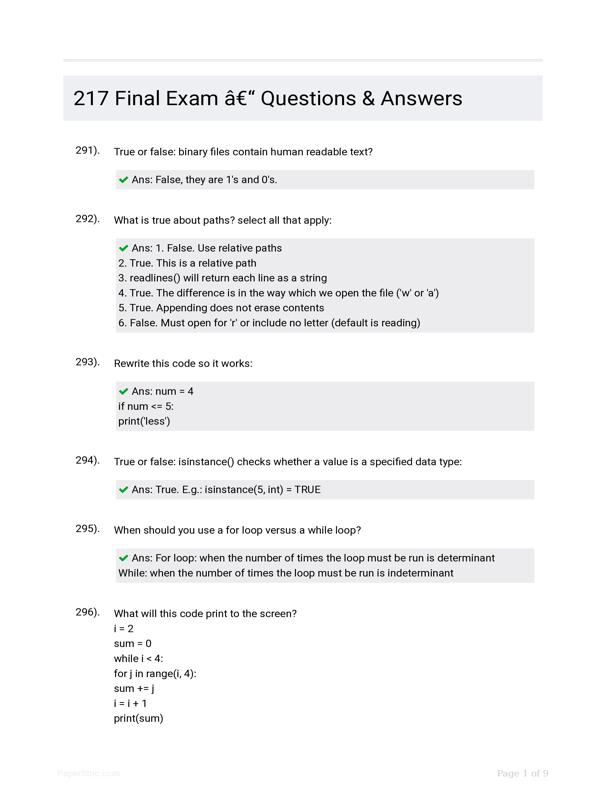 217 Final Exam - Questions & Answers
