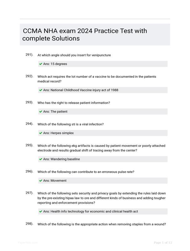 CCMA NHA Exam 2024 Practice Test With Complete Solutions